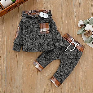Baby Boy Clothes 1 Year Old Boy Fall Outfits Long Sleeve Plaid Sweatshirt Toddler Boy Outfits 12-18 Months Clothes Coffee