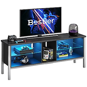 Bestier Gaming Entertainment Center for 65+ Inch TV with LED Lights & Adjustable Glass Shelves, Modern TV Stand Media Console, Fits TVs up to 75 Inch, Black Carbon Fiber Ideal for Living Room