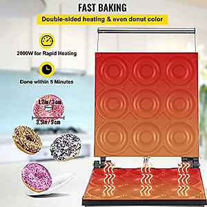 VEVOR Electric Donut Maker, 9 Holes Commercial Donut Machine, 2000W Electric Doughnut Machine, Double-Sided Heating Commercial Donut Maker, for Home & Commercial Use with Non-stick Teflon Coating