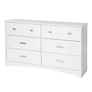 South Shore Tiara 6-Drawer Double Dresser, Pure White with Jewel-Like Handles