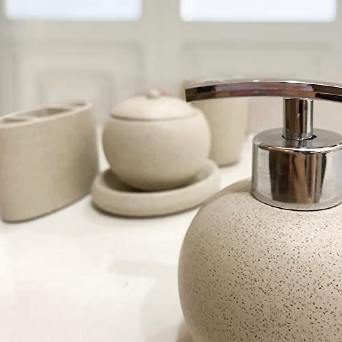 Artchirly 5 Piece Bath Accessory Set for Vanity Countertops,White Sandstone Color,Made of Cement Luxury Ensemble Dish,Lotion Dispenser,Soap Dish,Tooth Mug,Toothbrush Holder and Storage Can (5)