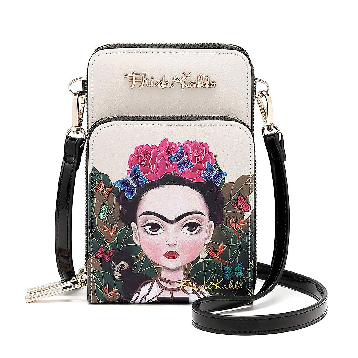 Frida Kahlo Cartoon Collection Cellphone Cross Body Bag with Wrislet (Beige)