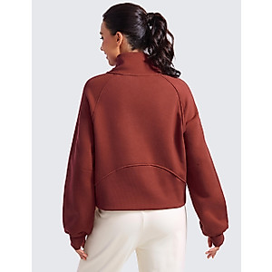 CRZ YOGA Womens Fleece Lined Half Zipper Sweatshirts Funnel Neck Long Sleeve Oversized Pullover Hoodies with Thumb Holes Jujube Brown Medium