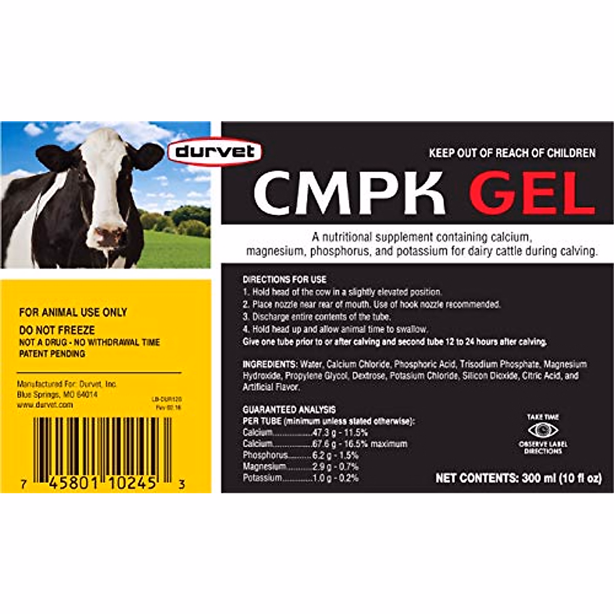 Durvet CMPK Gel (Case of 12). Concentrated Calcium-Mineral Supplement for Cattle. Helps Prevent Milk Fever in Dairy Cows When Calving. Convenient Easy-Dose Oral Gel. Safe. No Withdrawal. 300 ml Tube.