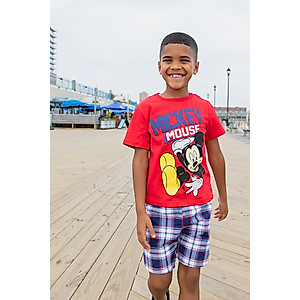 Disney Toddler Boys' Mickey Mouse Plaid Short Set with T-Shirt, Red, 3T