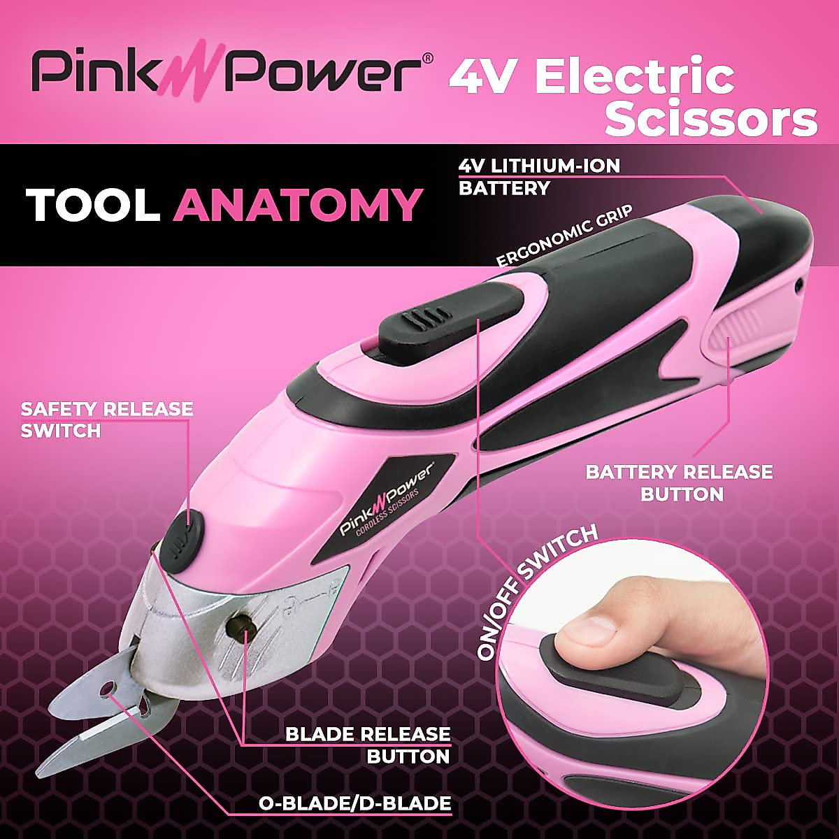 Pink Power Electric Fabric Scissors Box Cutter for Crafts, Sewing, Cardboard, Carpet, & Scrapbooking - Heavy Duty Professional Cutting Tool - Cordless Electric Scissors Fabric Cutter w/Storage Case