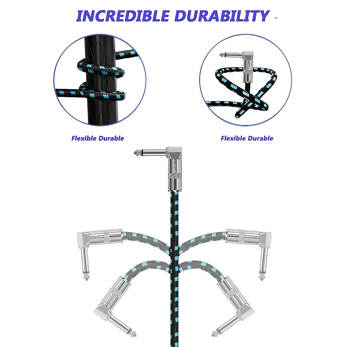 BARDESTU Guitar Patch Cables, 2 Pack 6 inch 1/4 Right Angle Plugs Pedal Short Effect Cable Low Noise Guitar Pedalboard Patch Cords with 4 Picks for Instrument Effects and Pedal Boards