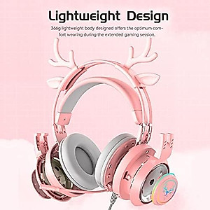 Atrasee Stereo Gaming Headset for PS4 PC Xbox One PS5 Controller, Noise Cancelling Over Ear Headphones with Mic, LED Light, Bass Surround, Soft Memory Earmuffs for Laptop Mac Nintendo (Purple Antlers)