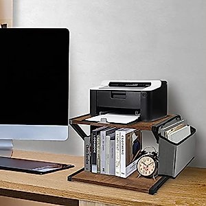 Y&ME YM Desktop Printer Stand with Storage Bag, 2 Tier Desktop Organizer Shelf, Rustic Wood Printer Table with Adjustable Anti-Skid Pads, Under Desk Printer Shelf for Fax Machine, Scanner, Files
