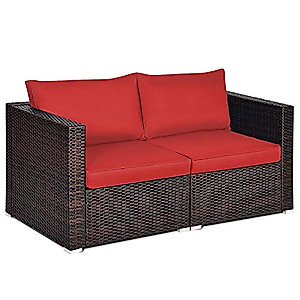 Tangkula Wicker Loveseat 2 Piece, Patio Furniture Couch with Removable Cushions, Rattan Loveseat Sofa for Balcony, Deck, Garden and Poolside