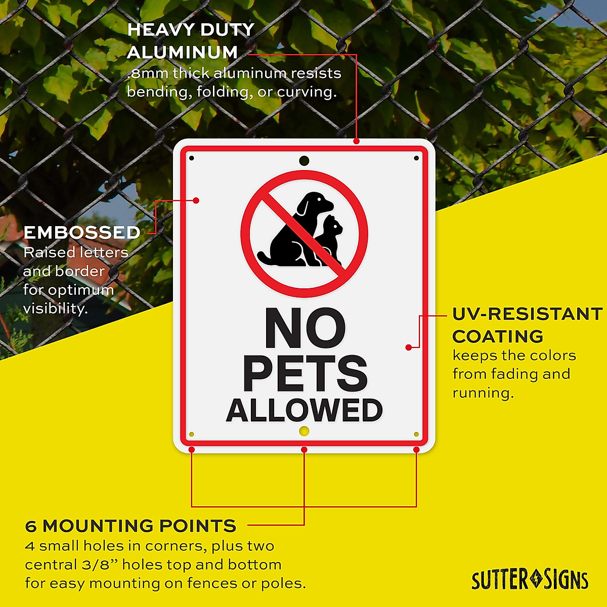 No Pets Allowed Aluminum Metal Sign | No Dogs, Cats, Animals Allowed Inside Business Sign | Large Weatherproof Wall Mount Outdoor Sign, 10 x 12 inch