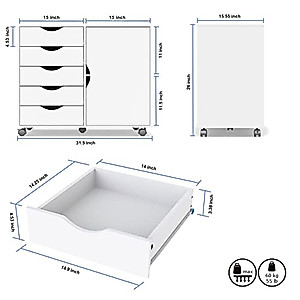 QDSSDECO 5-Drawer Chest with 1 Door, Wooden Storage Chest of Drawers, Mobile Dresser Cabinet with Wheels, Printer Stand for Home Office Bedroom