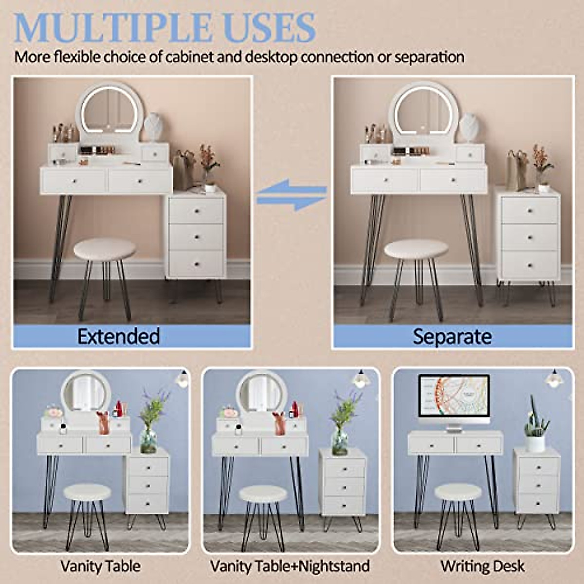 Fameill Makeup Vanity Desk with Lighted Mirror,White Vanity Table Set with Round Mirror,3 Color Touch Screen Dimming Mirror,7 Drawers Bedroom Dressing Table with Soft Cushioned Stool