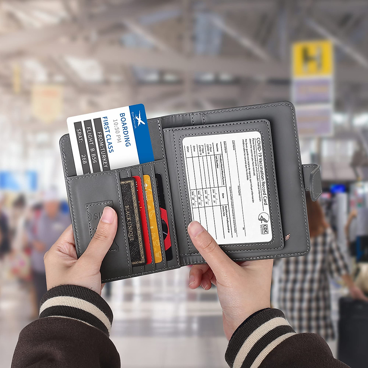 Deziliao Passport and Vaccine Card Holder Combo, PU Leather Passport Holder with Vaccine Card Slot, Passport Wallet for Men and Women (Gray-fly)