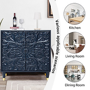 weselon Accent Cabinet with 2 Doors, Luxury Carving Board Storage Sideboard with Adjustable Shelves, Buffet Cabinet Entryway Table for Living Room (Gray Blue)