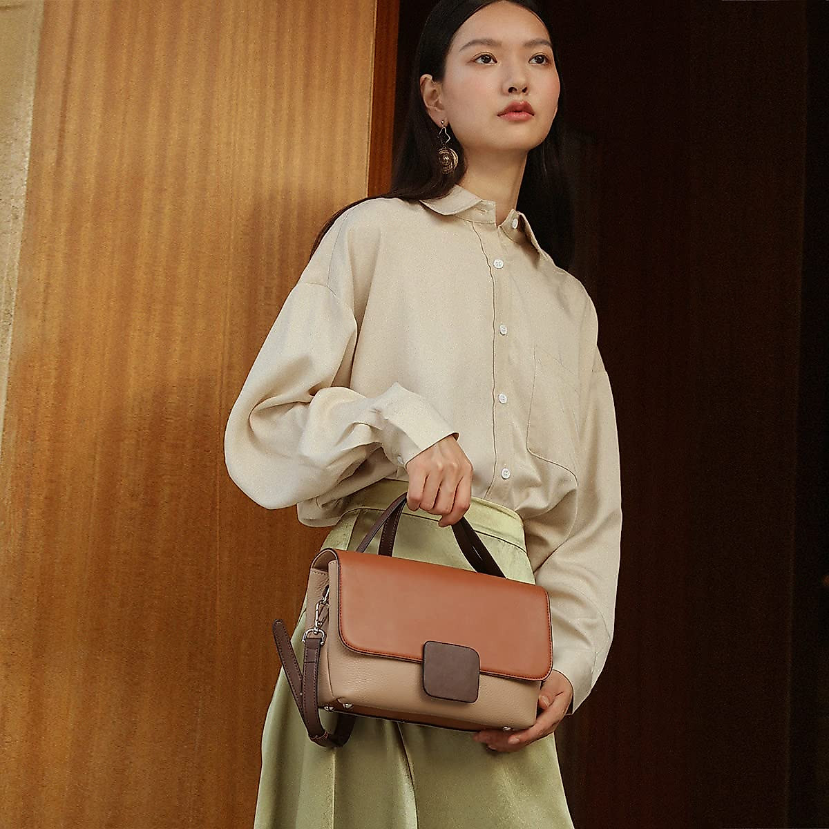 LAORENTOU Women Shoulder Bag Cowhide Satchel Handbag Leather Purse for Women Crossbody Bag (Brown)