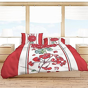 Dinhomela California King Bedding Set 3 Piece Abstract Red Floral Comforter Cover Set, Soft Bedding Set for Baby Girl Boy All Season Duvet Cover with Pillow Shams Spring Summer Flowers Botanical