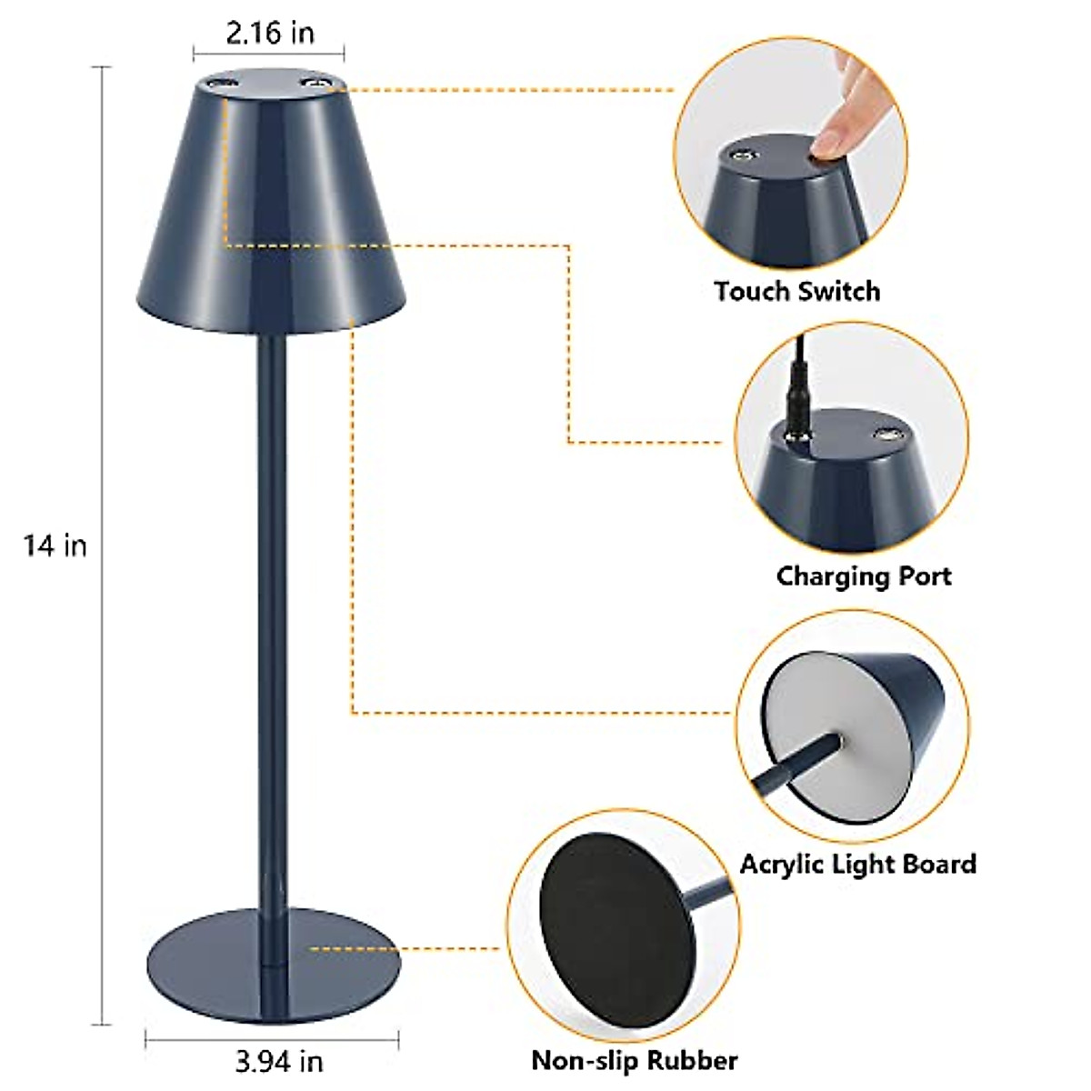 LEDLUX Cordless LED Table Lamp, Rechargeable Desk Lamp, Wireless Small Night Light, Metal Modern Desk Light, Stepless Dimming, Touch Switch, for Bedroom/Coffee Table/Restaurant/Garden(Blue,1 Pack)