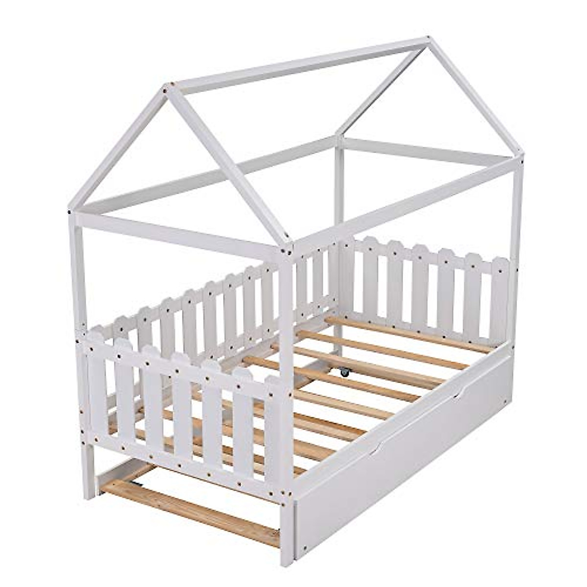 KLMM Low Daybed for Kids, Floor Bed with Trundle Bed, House Shape Wooden Bed Frame with Fence-Shaped Guardrail and Roof, Bedroom Furniture, Can be Decorated, Tent, Twin (White+Fence-Shaped Guardrail)