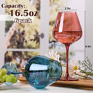 Physkoa Colored Wine Glasses Set of 6 - Crystal Hand-Blown Burgundy Wine Glasses Lead-Free 16.5oz, Gift box package for Wedding, Party, Wine Lovers