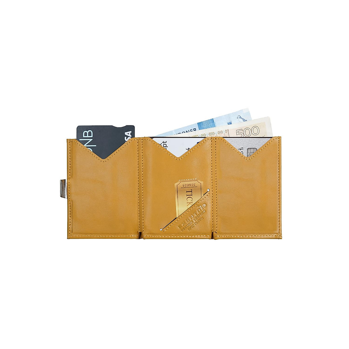 EXENTRI Leather Trifold Wallet - RFID Blocking w/Stainless Steel Locking Clip