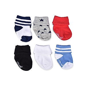 6-Pack Baby Boys Socks, Thick Cotton Rich Terry Cloth Turn Cuff Socks, Assorted Colors, 0-6 Months
