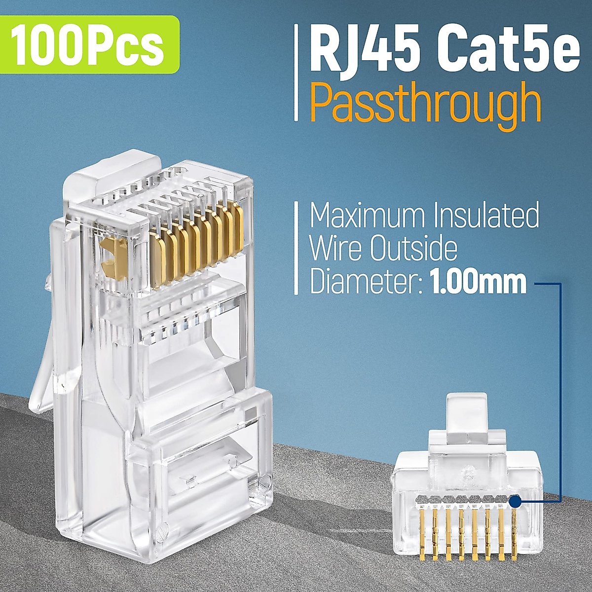 GTZ Cat5e RJ45 Pass Through Connector 100-Pack - EZ Cat 5e Pass Through RJ45 Connectors - Cat 5e Connectors - Ethernet Connector, Ethernet Plug - for Solid or Stranded UTP Network Cable