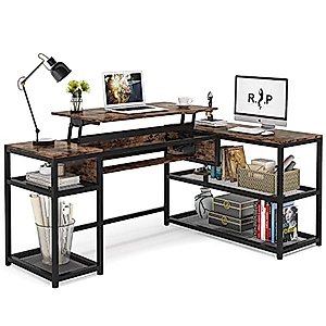 Tribesigns L Shaped Computer Desk, 63 Inch Lift Top Corner Desk with Storage Shelves, Industrial Height Adjustable Standing Desk Writing Table for Home Office, Rustic Brown