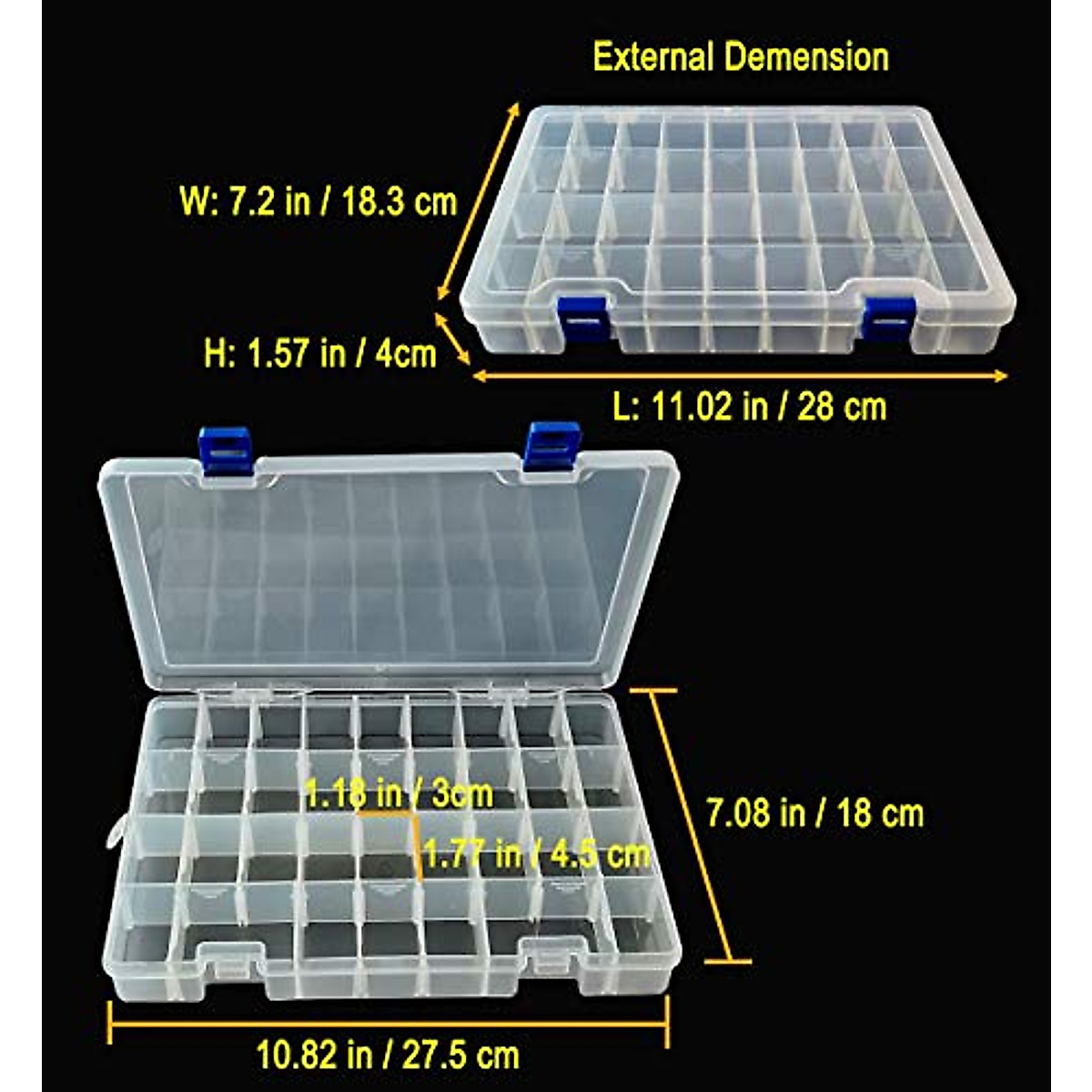 DARUITE Plastic Organizer Box with Dividers, (34 grids,3PCS) Compartment Organizer, Jewelry Organizer Box, Clear Organizer Box for Beads Earring Tool Fishing Hook Small Accessories