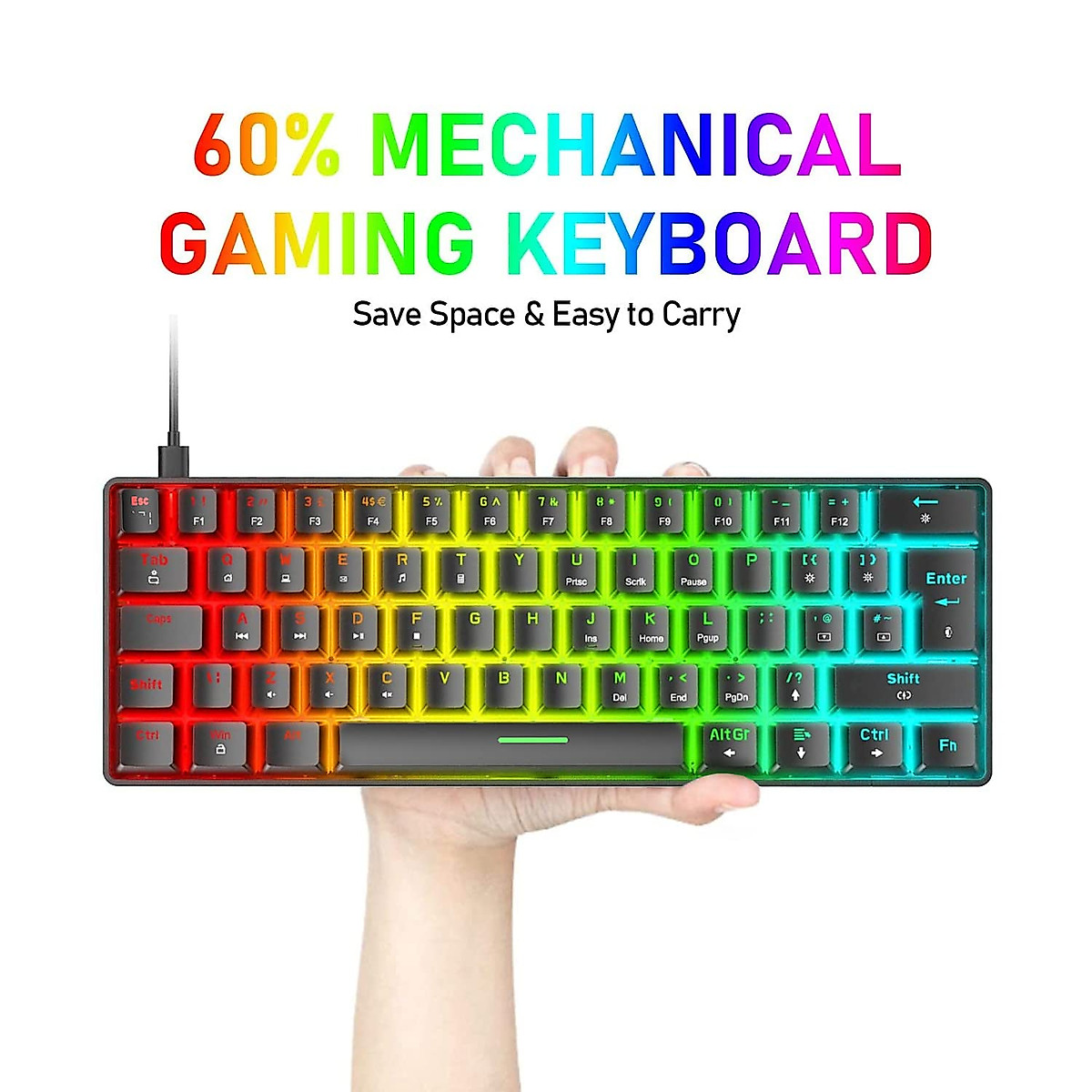 SELORSS Mini 60% Wired Mechanical Gaming Keyboard,22 RGB Chroma Backlit, Compact 62 Full Anti-ghosting Keys, USB C Cable,Replaceable Keycaps,Tactile Switch for Gamer/Typist/Xbox/PC/Win/Mac(Black)