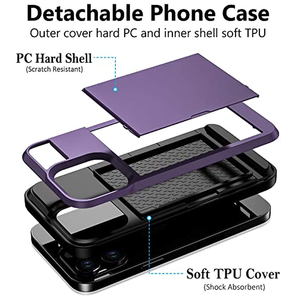 Vofolen for iPhone 13 Pro Max Case Wallet Credit Card Holder ID Slot Sliding Door Hidden Pocket Men Women Anti-Scratch Dual Layer Hybrid Bumper Armor Protective Shell Back Cover 6.7 inch GreyPurple