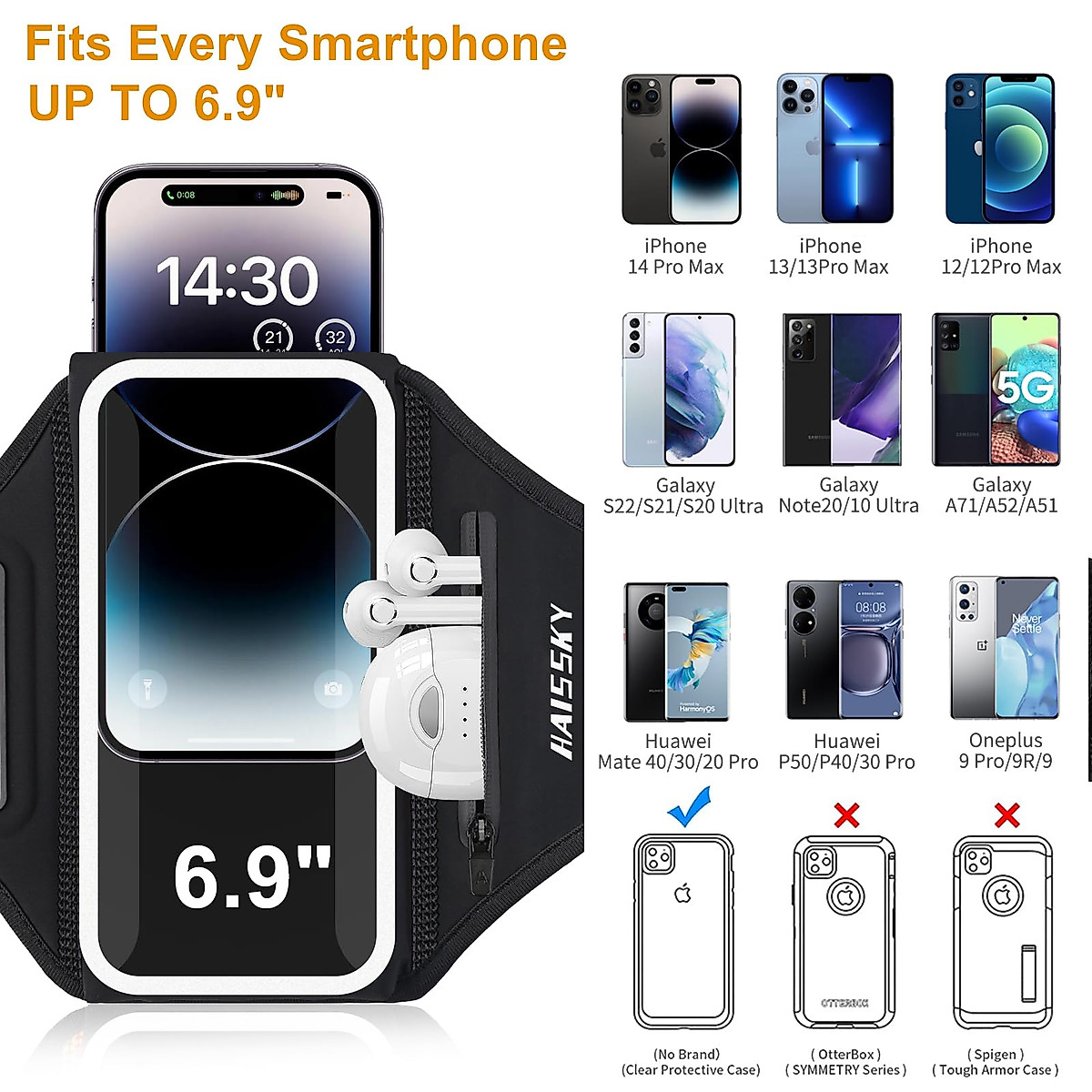 Running Armband with Airpods Bag 3D Design Cell Phone Armband for iPhone 14 13 Pro 14 Plus, Galaxy S20/S10 Water Resistant Sports Phone Holder Case & Zipper Slot Car Key Holder for 6.9 inch Phone