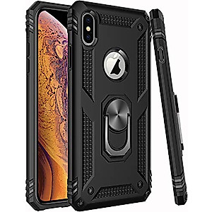 LUMARKE iPhone Xs Max Case with Tempered Glass Screen Protector,iPhone Xs Max Cover Military Grade 16ft. Drop Tested Cover with Magnetic Ring Kickstand Protective Phone Case for iPhone Xs Max Black