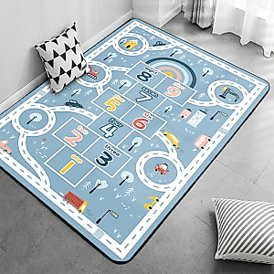 Hopscotch Rug, Hopscotch Mat for Kids Skipping and Jumping, Hop Count Cute Hopscotch Carpet with Non-Slip Backing，Suitable for Girls & Boys Bedroom, Playroom, Nursery(32×47inchs)