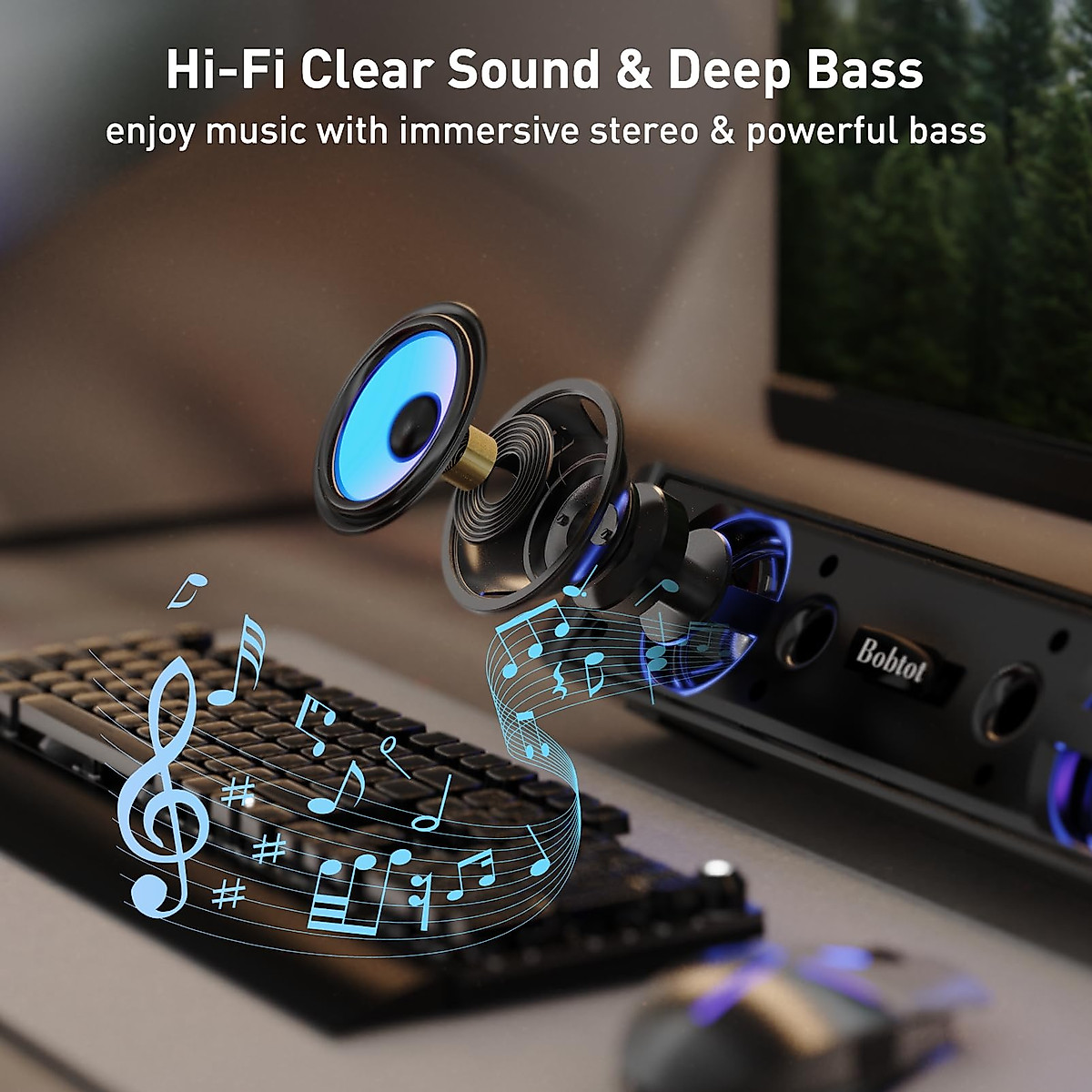 Bobtot Computer Speakers Desktop Soundbar - HiFi Stereo Audio RGB Mini Sound Bar External Speaker with Bluetooth AUX-in Wired USB Powered Volume Control for PC Laptop Tablets Monitor