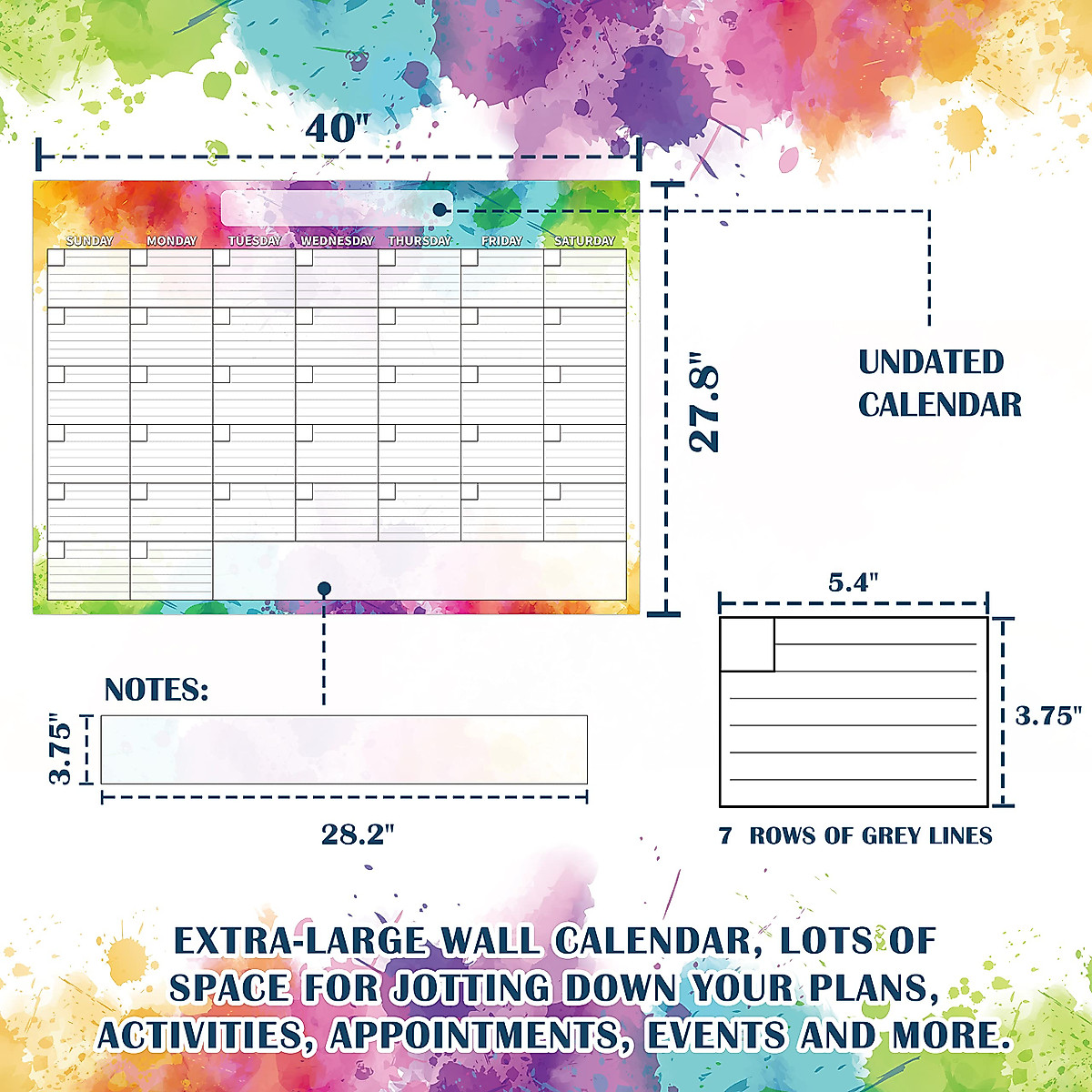Dry Erase Calendar – Large Dry Erase Calendar for Wall, Undated Quarterly Wall Calendar, 27.8" x 40" Monthly Calendar, Reusable Laminated Calendar Whiteboard, Great Organizer for Home, Office, School