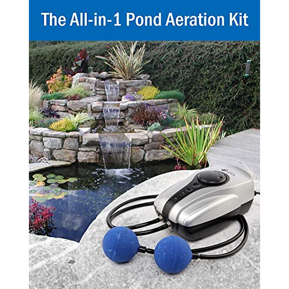 Pond Aeration Kit – AquaMiracle Pond Air Pump Kit Koi Pond Aerator for Pond up to 1000 Gallons Pond Deicer All-in-One Pond Aeration System with Double Outlet Airline Tubing Air Stones Check Valves