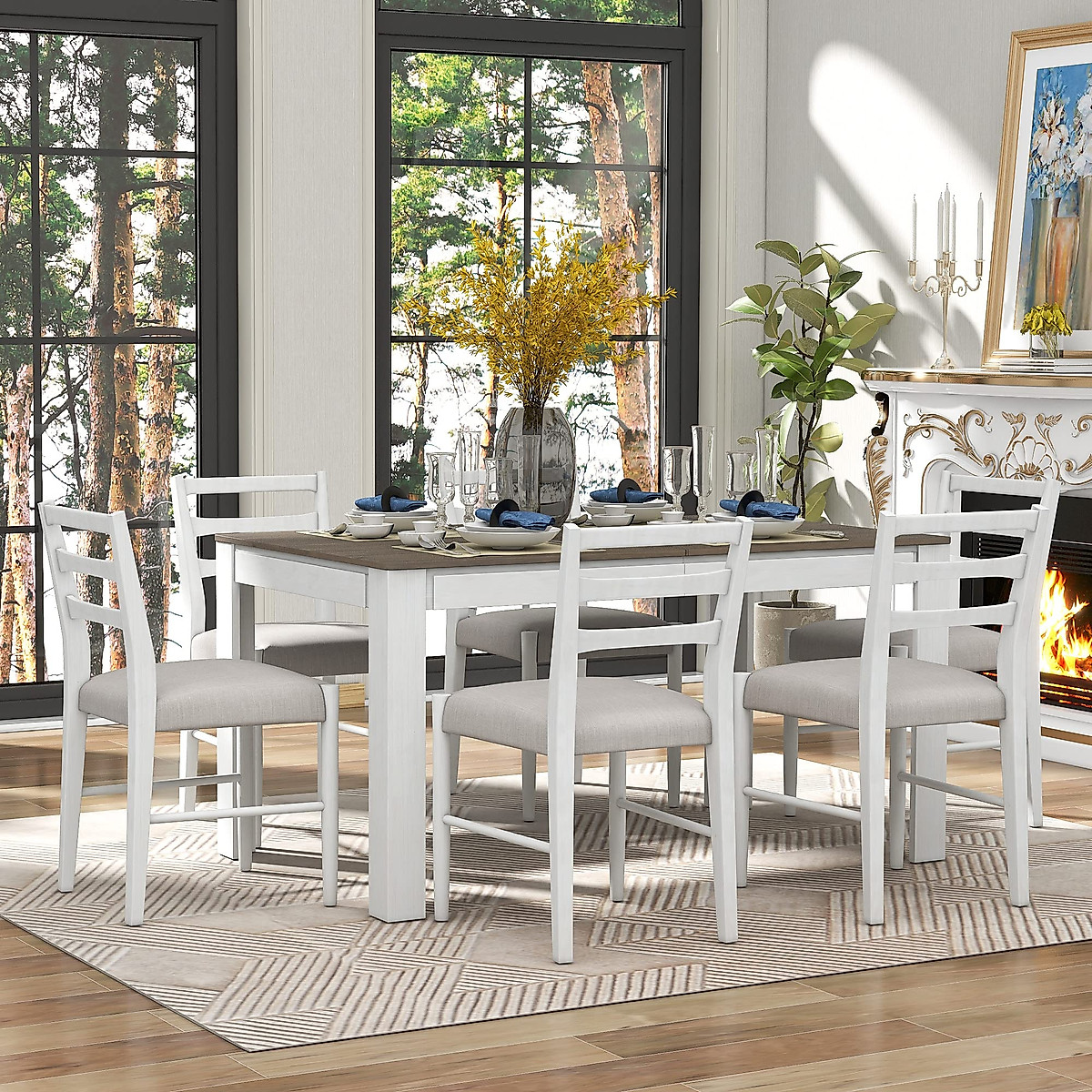 P PURLOVE 7 Pieces Dining Table Set, Wood Rectangular Kitchen Table and 6 Cushion Dining Chairs, Mutifunctional Extendable Table with 12" Leaf and 2 Drawers for 6 Person (Brown and White)