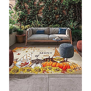 Outdoor Area Rug for Patio,Thanksgiving Fall Gnome Pumpkin Sunflowers Camping Rugs Indoor Large Floor Mat 4x6ft,Autumn Maple Retro Letters Outside Carpet for Deck RV Picnic Porch Backyard Bedroom