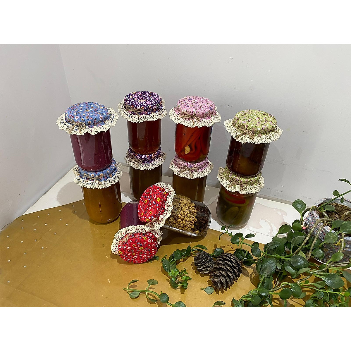 10 Pieces Elastic Jar Cover Cloth - 100% Cotton Jar Cover Cloth - Stretchy Colorful (Red,Blue,Yellow,Pink,Green) Flowered Pattern - Breathable Fermentation Lid Bowl - Reusable Elastic Cloth Jar Covers