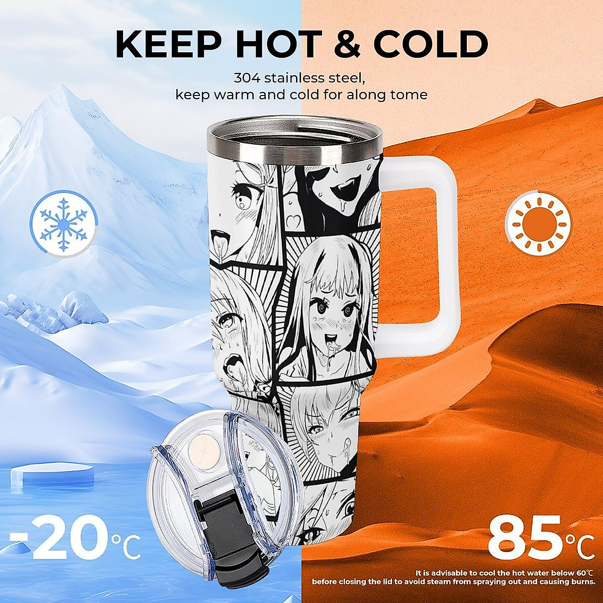 Niapessel Leak Proof Tumbler, Insulated Water Bottles with Straw, Anime Girl Face Emotion Insulated Cup with Handle 40 Oz Stainless Steel Flask for School, Travel, Car, Sports, Work