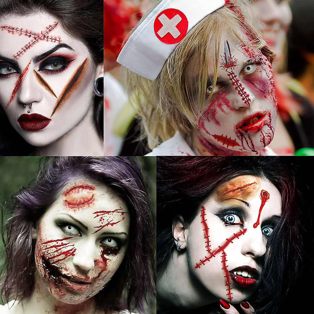 VANTATY 215+ PCS 30 Sheets 3D Fake Scars Tattoo Temporary Halloween Makeup Kit, Fake Stitches Tattoos Cut Scary Face Wound Blood Chucky Scars Tatoos For Kids Women Men Boys Girls Zombie Sticker