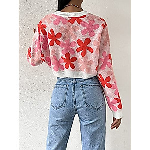 Floerns Women's Casual Rib Knit Long Sleeve V Neck Floral Pattern Drop Shoulder Crop Sweater Top Pink S