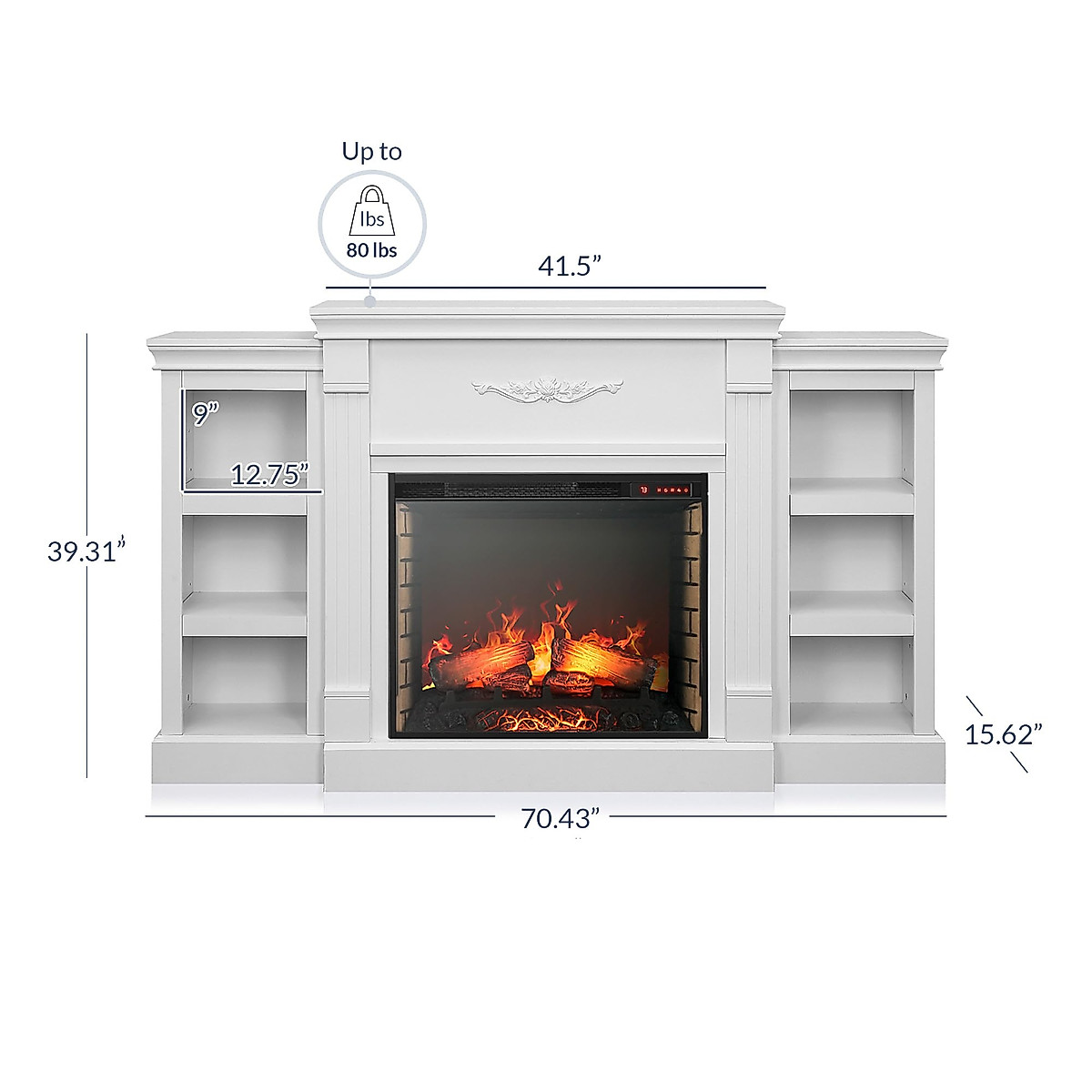 Della Electric Faux Fireplace TV Stand Mantel Heater, Entertainment Center with Built-In Bookshelves and Cabinets, Remote Control and Enhanced Log Display - White