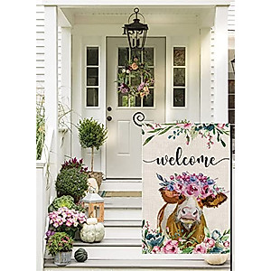 Spring Welcome Cow with Flowers Garden Flag for Outdoor Small Yard Flag for Outside Seasonal Decor for Summer Farmhouse Holiday 12x18 Inch Double Sided