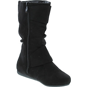 Link Klein-70k Girl's Kid's Faux Suede Two Buckle Zipper Flat Heel Mid Calf Slouchy Boot Shoes (10 B(M) US, Black)