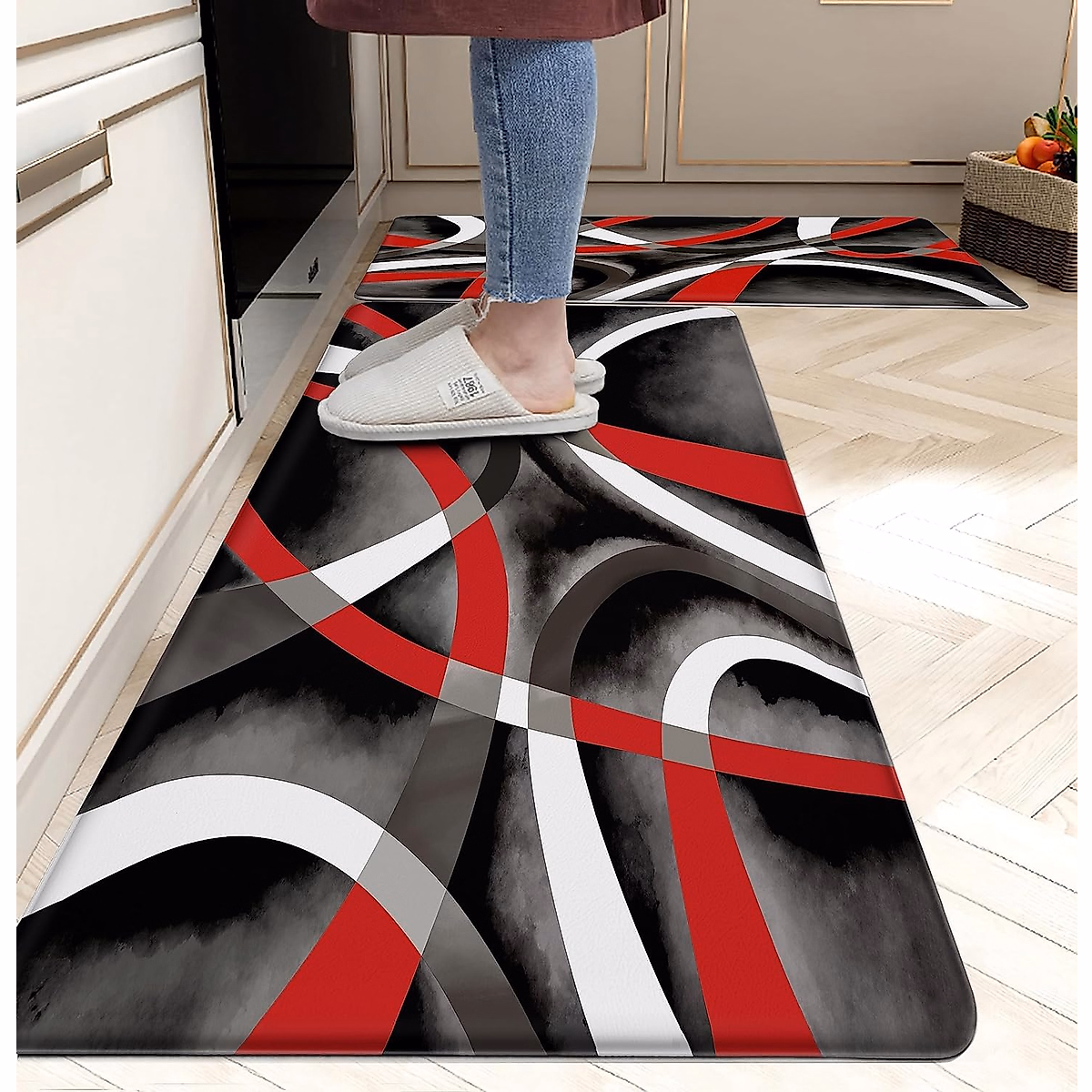 Kitchen Mats for Floor red Kitchen Rugs Modern Abstract Circle Anti Fatigue Kitchen Mats Waterproof Floor Mats Cushioned Non-Skid Standing Mats for Laundry, Office, Set of 2,17.3 x 28+17.3 x 47 Inch