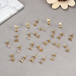 Sanfenly 24 Pairs Stud Earrings for Women Men 20G Stainless Steel Tiny Silver Gold Rose Gold Black Cartlidge Earrings Stud Small Snake Star Moon Ball Butterfly Triangle Heart Square Round CZ Screw