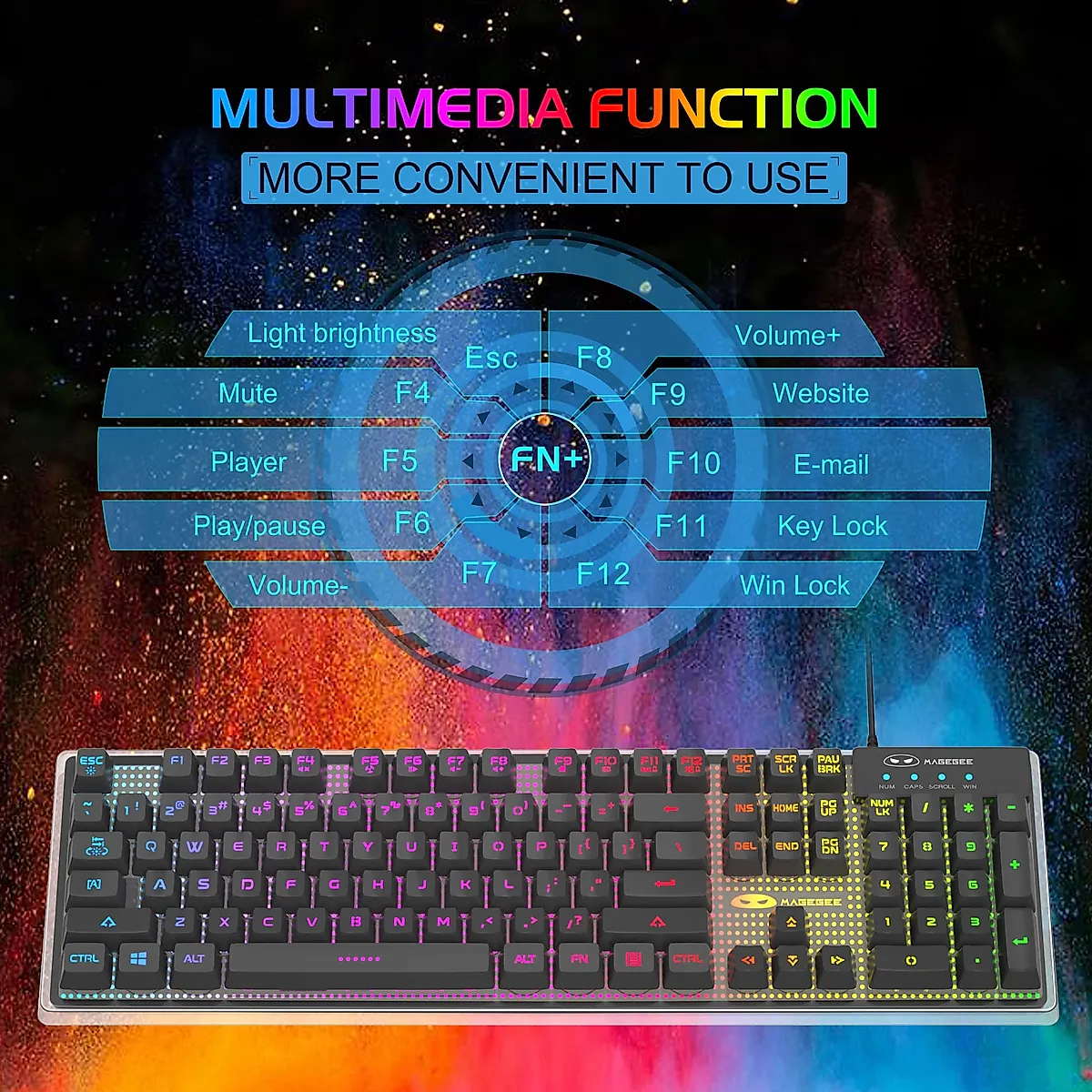MageGee Gaming Keyboard, Rainbow Backlit LED Wired Gaming Keyboard with Clear Housing and Double-Shot Keycaps, K1 Waterproof Ergonomic 104 Keys Light Up Keyboard for PC Desktop Laptop, Black