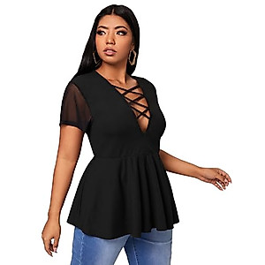 SOLY HUX Womens Plus Size Sexy Tops Criss Cross Blouses V Neck Short Sleeve Shirts Pure Black 2XL